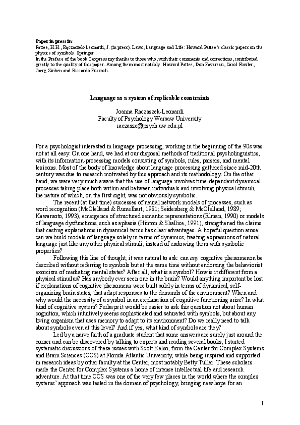 Pdf Language As A System Of Replicable Constraints