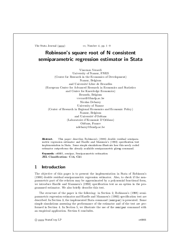(PDF) Robinson's Ãn-consistent Semiparametric Regression Estimator in Stata