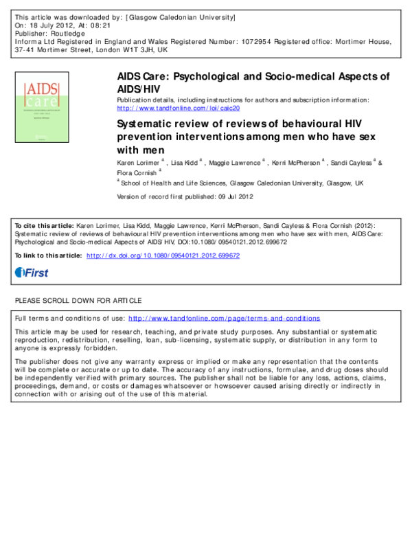 Pdf Systematic Review Of Reviews Of Behavioural Hiv Prevention