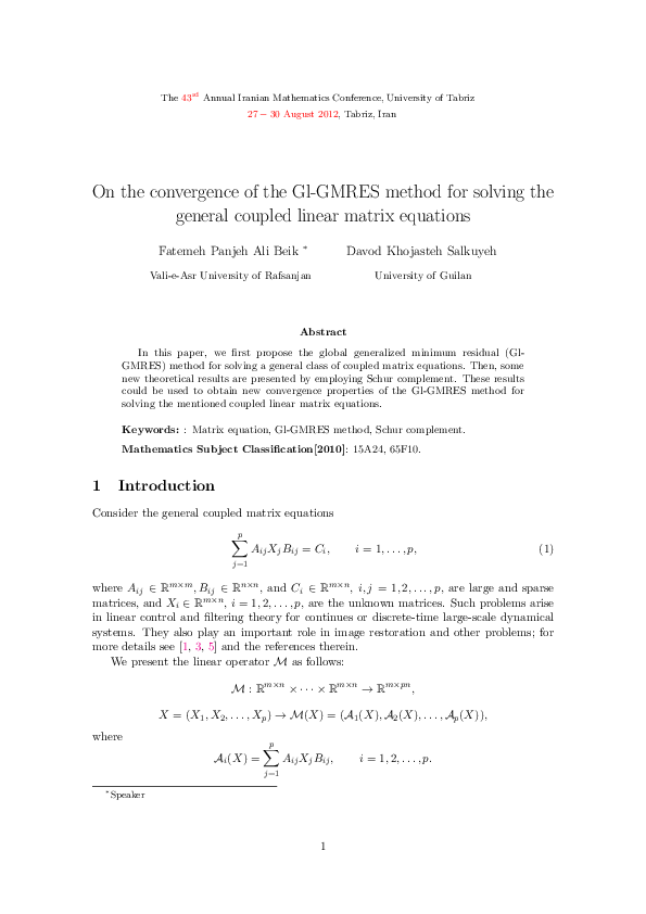 Pdf On The Convergence Of The Gl Gmres Method For Solving The General Coupled Linear Matrix
