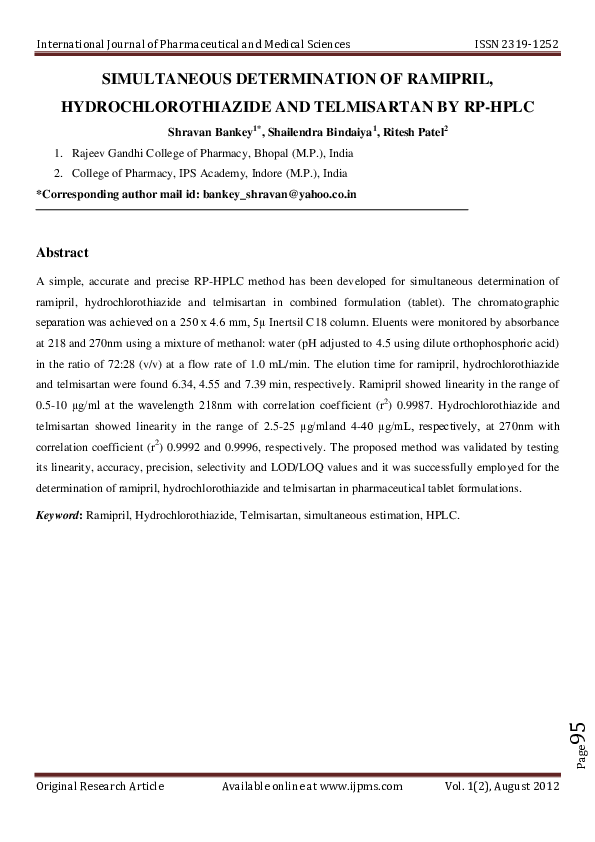 (PDF) SIMULTANEOUS DETERMINATION OF RAMIPRIL, HYDROCHLOROTHIAZIDE AND TELMISARTAN BY RP-HPLC