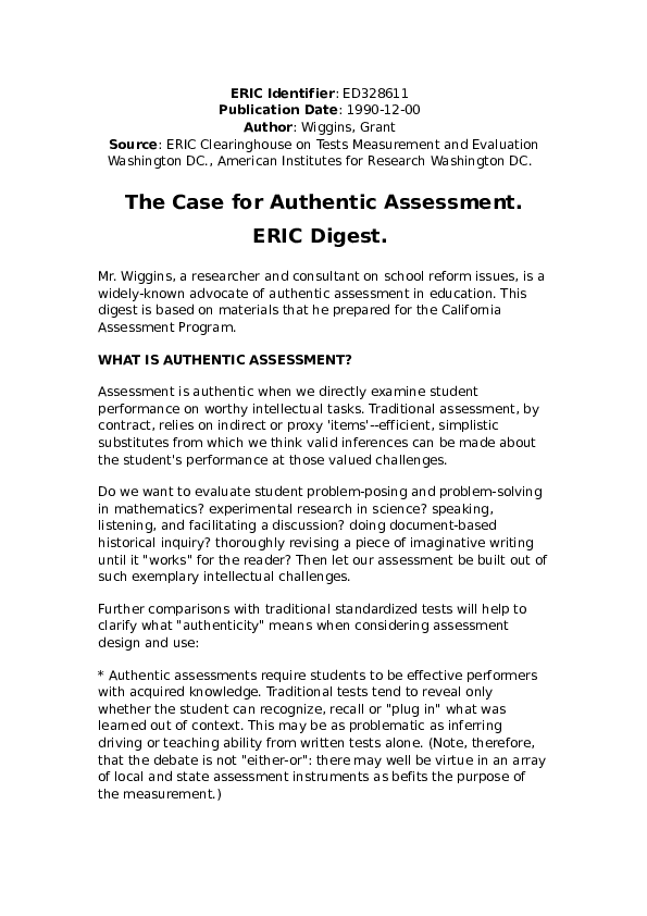 (DOC) The case for authentic assessment. ERIC Digest