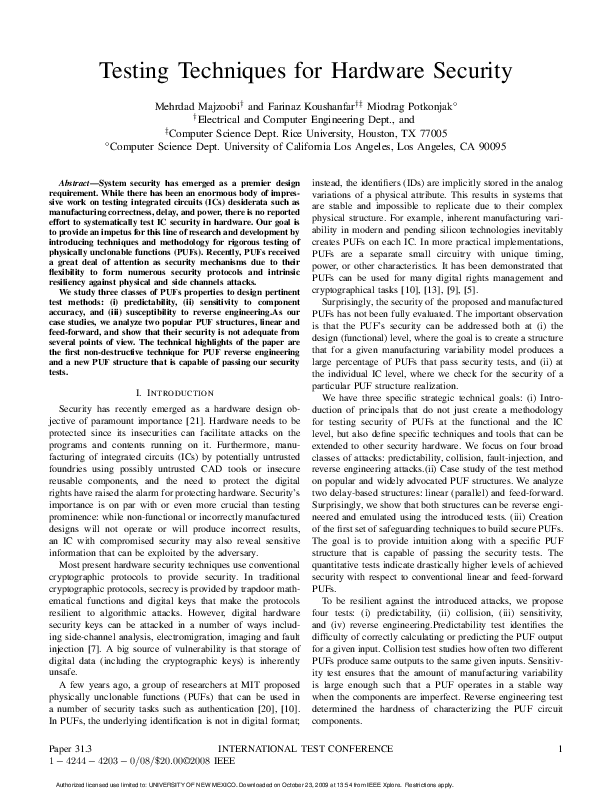 (PDF) Testing techniques for hardware security