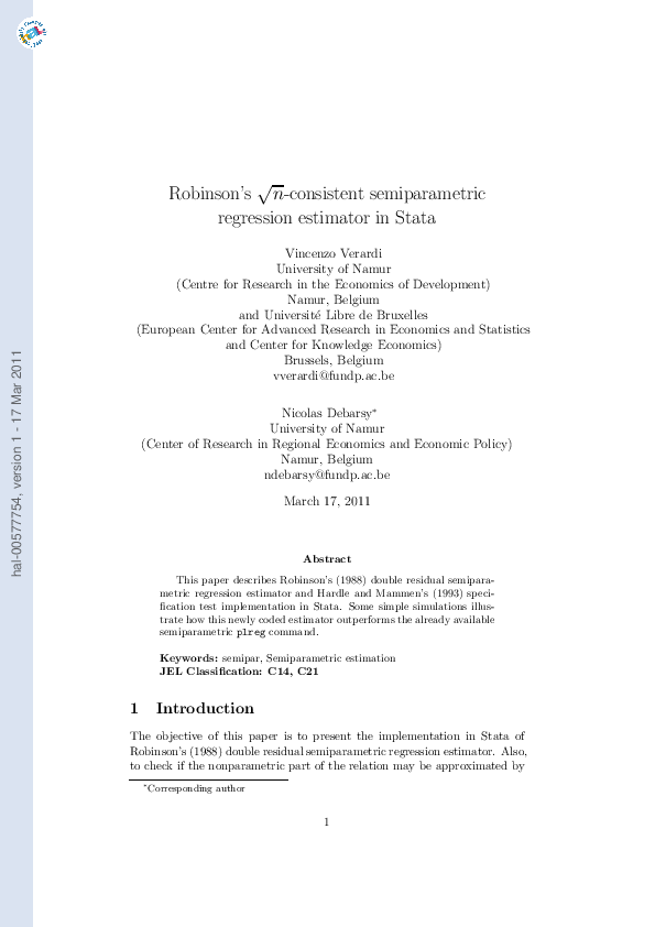 Pdf Robinsons Square Root Of N Consistent Semiparametric Regression