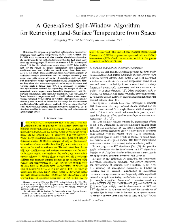 Pdf A Generalized Split Window Algorithm For Retrieving Land Surface Temperature From Space