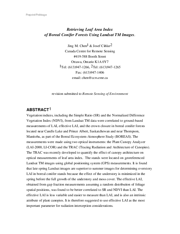 (PDF) Retrieving leaf area index of boreal conifer forests using Landsat TM images