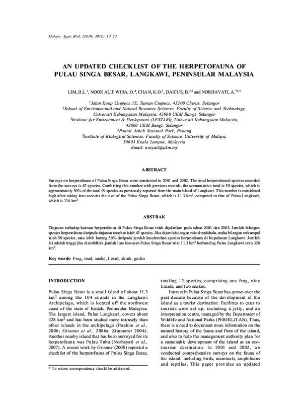 (PDF) An Updated Checklist of the Herpetofauna Of Pulau Singa Besar, Langkawi, Peninsular Malaysia