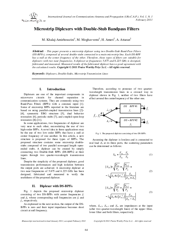 (PDF) Microstrip Diplexers with double-stub bandpass filters