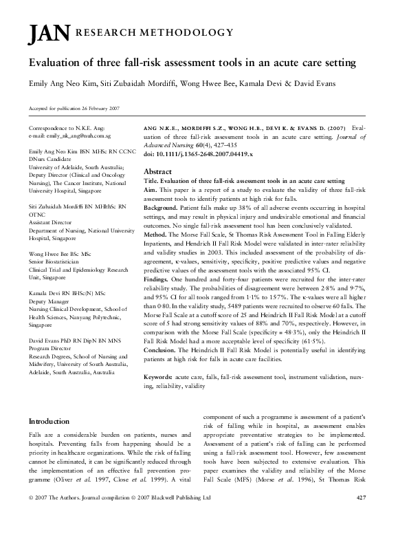 (PDF) Evaluation of three fall‐risk assessment tools in an acute care ...
