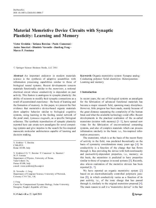 (PDF) Material Memristive Device Circuits with Synaptic Plasticity: Learning and Memory