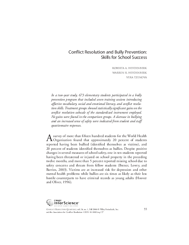 (PDF) Conflict resolution and bully prevention: Skills for school success