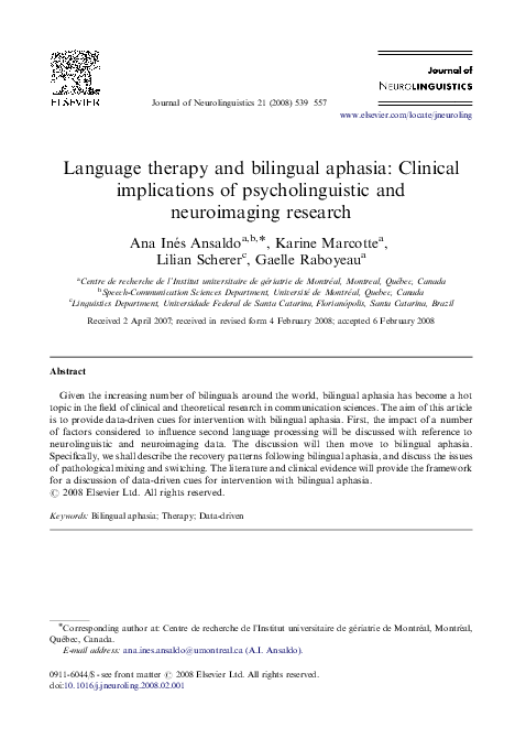 (PDF) Language therapy and bilingual aphasia: Clinical implications of ...