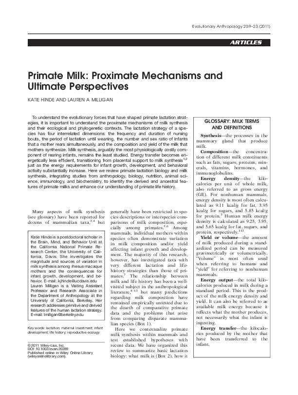 (PDF) Primate milk: Proximate mechanisms and ultimate perspectives