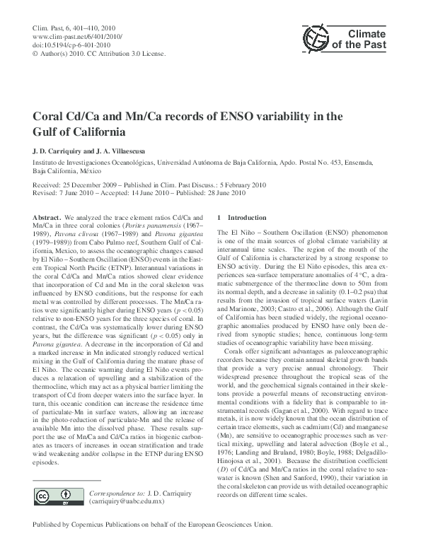 (PDF) Coral Cd/Ca and Mn/Ca records of ENSO variability in the Gulf of ...