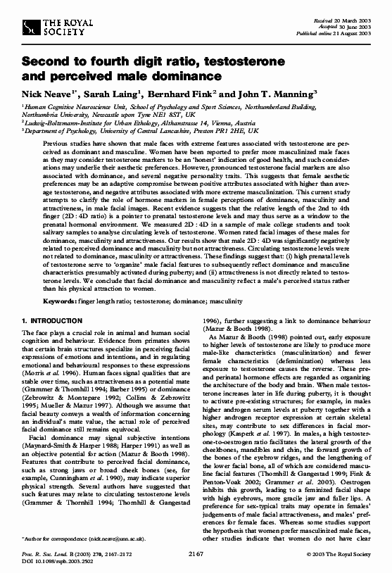Pdf Second To Fourth Digit Ratio Testosterone And Perceived Male