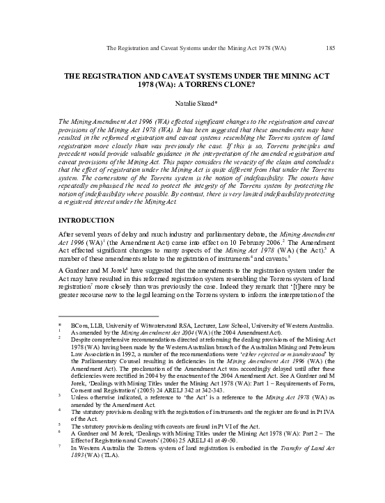 (PDF) Registration and Caveat Systems under the Mining Act 1978 (WA): A ...