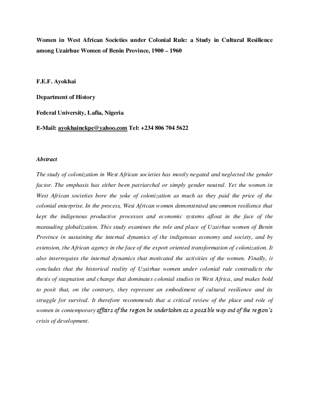 (DOC) Women in African Societies under Colonial Rule | FRED EKPE F ...