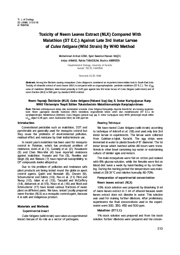 (PDF) Toxicity of Neem Leaves Extract (NLX) Compared With Malathion (57 ...