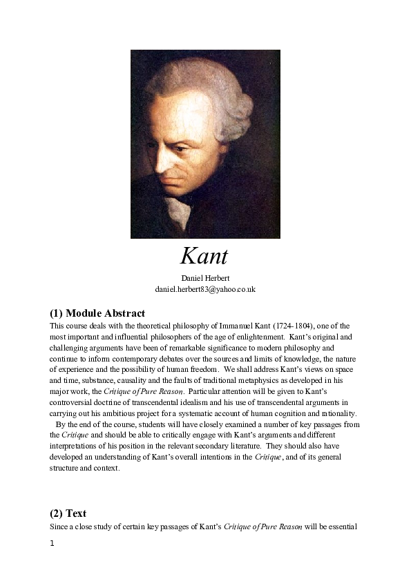 Kant module outline (University of Sheffield, Autumn semester 2010-11)