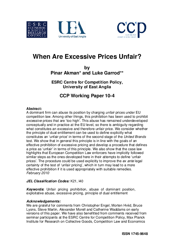 (PDF) When are Excessive Prices Unfair?