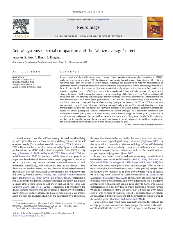 (PDF) Neural systems of social comparison and the "above average" effect