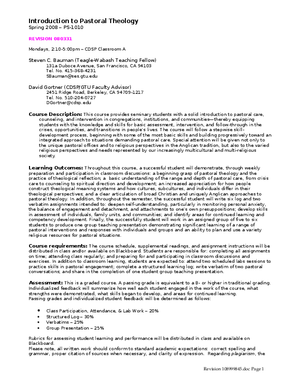 (DOC) Introduction to Pastoral Theology