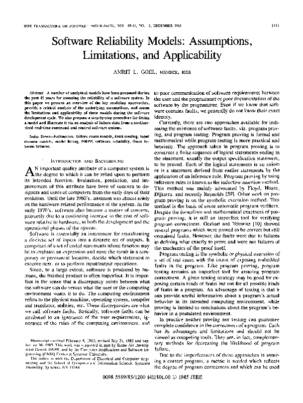 (PDF) Software reliability models: Assumptions, limitations, and applicability