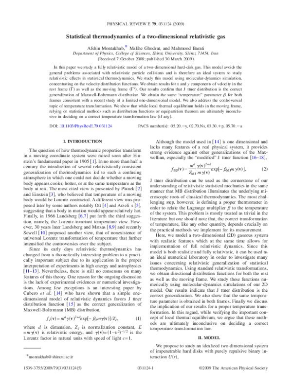 (PDF) Statistical thermodynamics of a two-dimensional relativistic gas