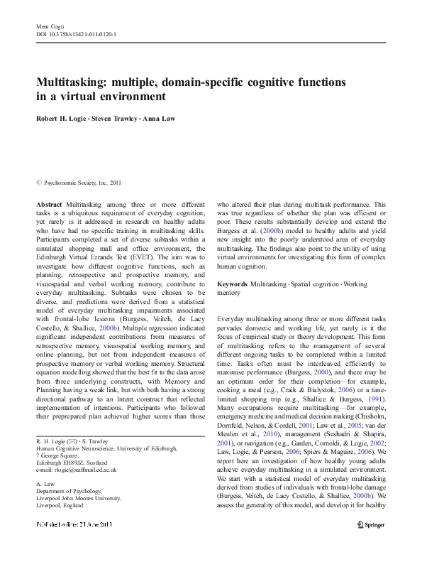 (PDF) Multitasking: Multiple, Domain-Specific Cognitive Functions in a Virtual Environment
