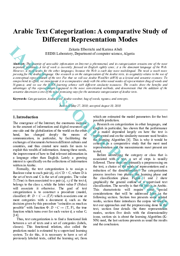 (PDF) Arabic Text Categorization: A comparative Study of Different Representation Modes