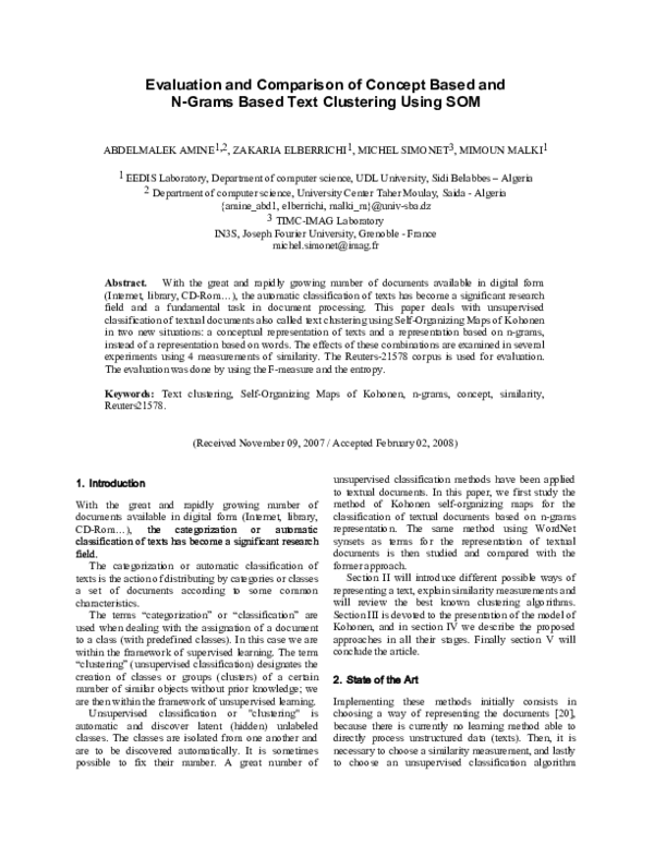 Pdf Evaluation And Comparison Of Concept Based And N Grams Based Text Clustering Using Som