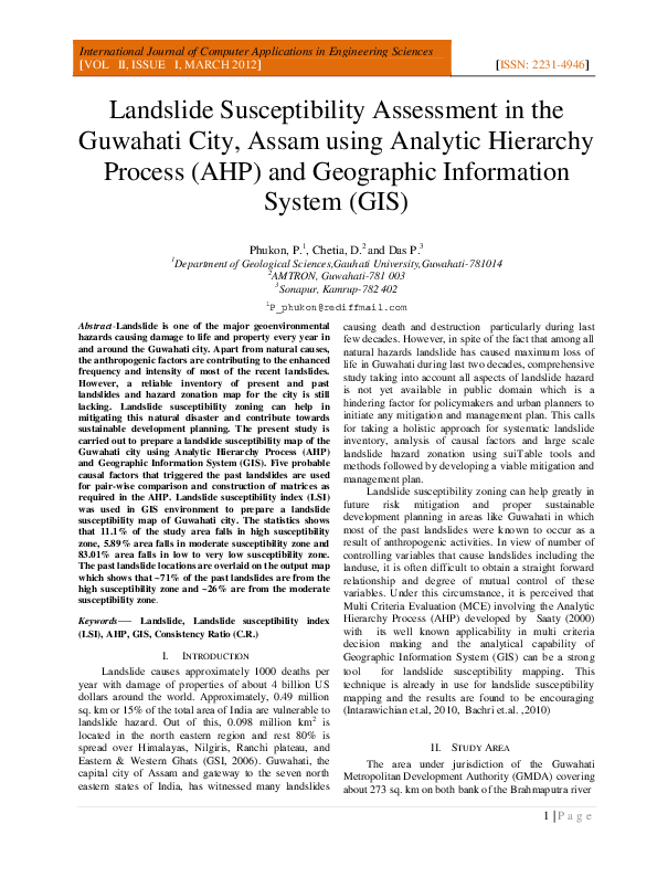 (PDF) Landslide Susceptibility Assessment in the Guwahati City, Assam using Analytic Hierarchy ...