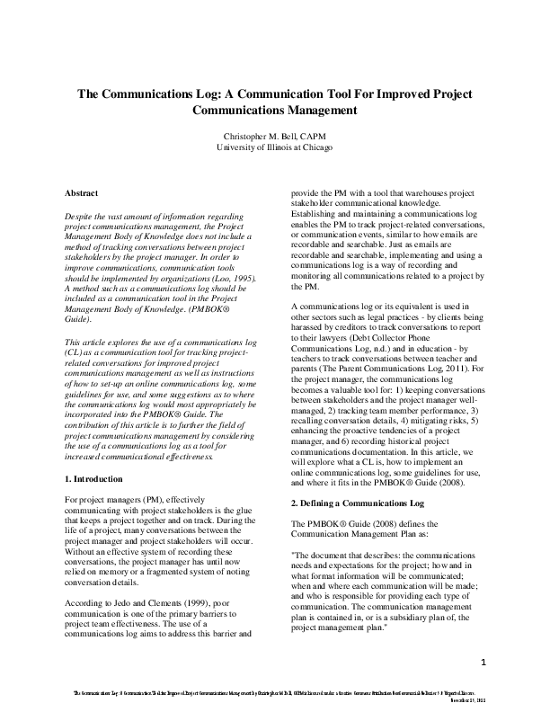 (PDF) The Communications Log: A Communication Tool for Improved Project ...