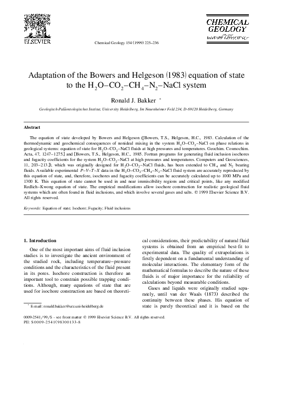 (PDF) Adaptation of the Bowers and Helgeson (1983) equation of state to ...