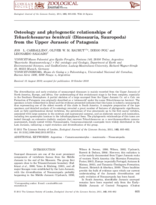 (PDF) Osteology and phylogenetic relationships of Tehuelchesaurus ...