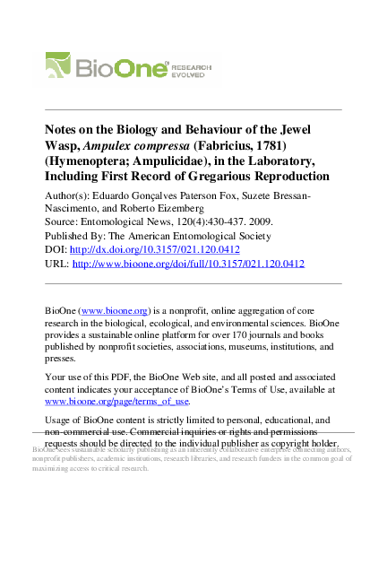 (PDF) Notes on the Biology and Behaviour of the Jewel Wasp, Ampulex ...