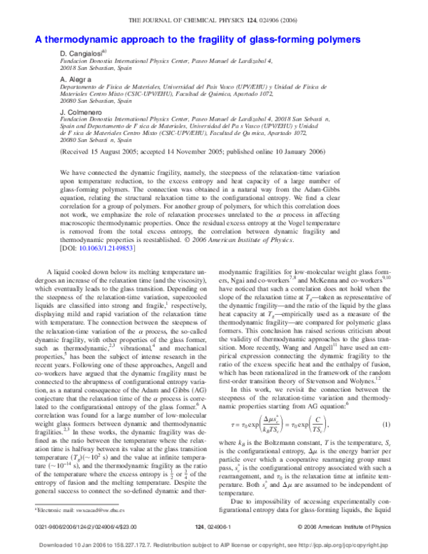 (PDF) A thermodynamic approach to the fragility of glass-forming polymers