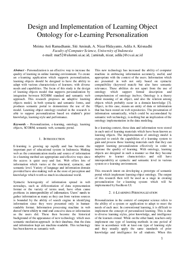 (PDF) Design and Implementation of Learning Object Ontology for e-Learning Personalization