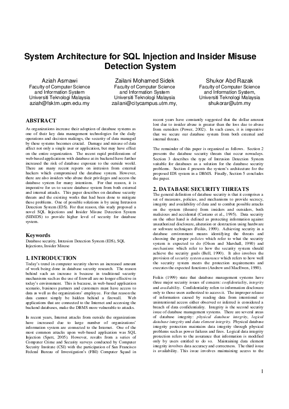 (PDF) System Architecture for SQL Injection and Insider Misuse Detection System