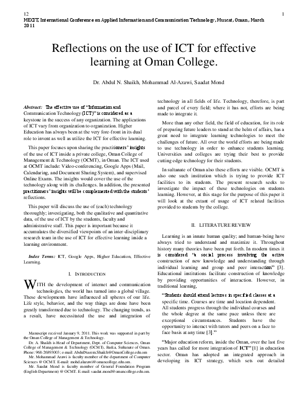 (PDF) Reflections on the use of ICT for effective learning at Oman College.