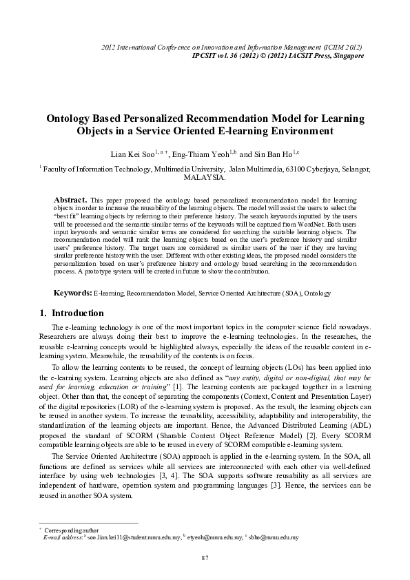 (PDF) Ontology Based Personalized Recommendation Model for Learning Objects in a Service ...