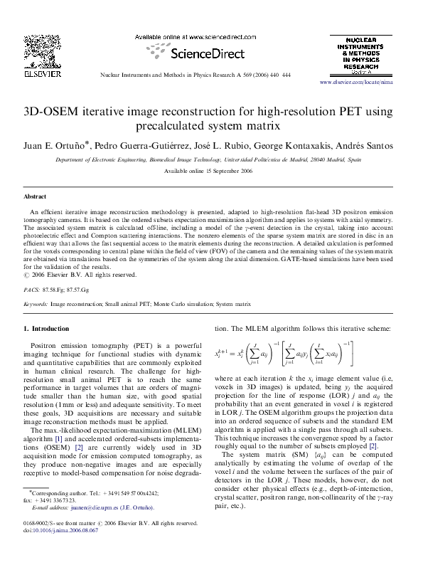 (PDF) 3D-OSEM iterative image reconstruction for high-resolution PET using precalculated system ...