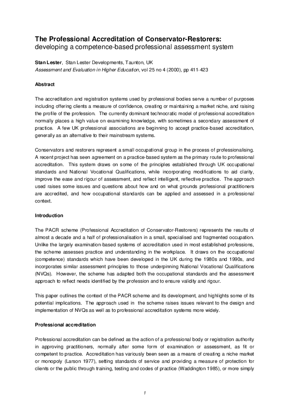 (PDF) The Professional Accreditation of Conservator-Restorers: developing a competence-based ...