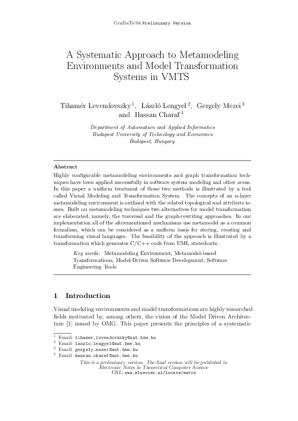 (PDF) A systematic approach to metamodeling environments and model transformation systems in VMTS