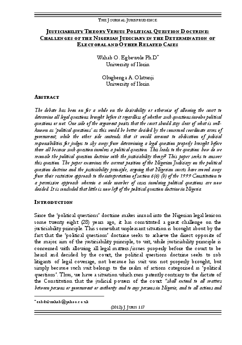 (PDF) Political Question Doctrine Versus Justiciability Theory