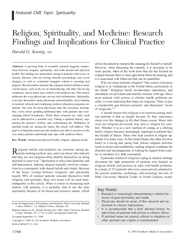 (PDF) Religion, spirituality, and medicine: research findings and ...