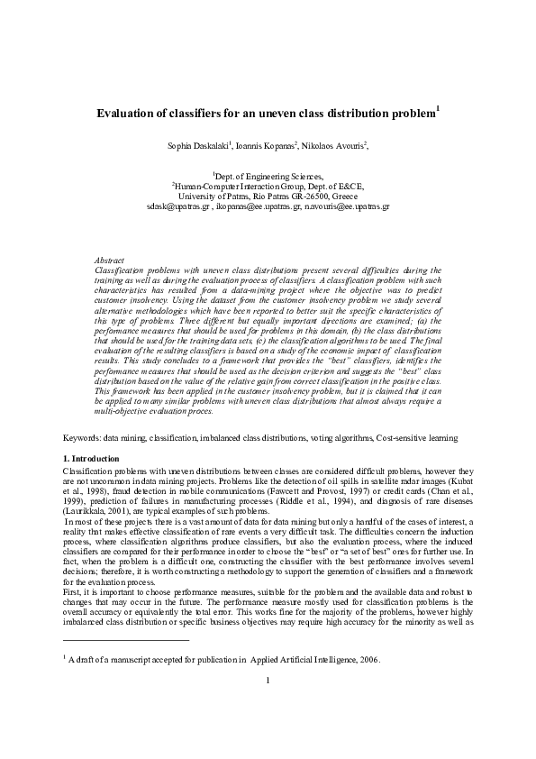 (PDF) Evaluation of classifiers for an uneven class distribution problem