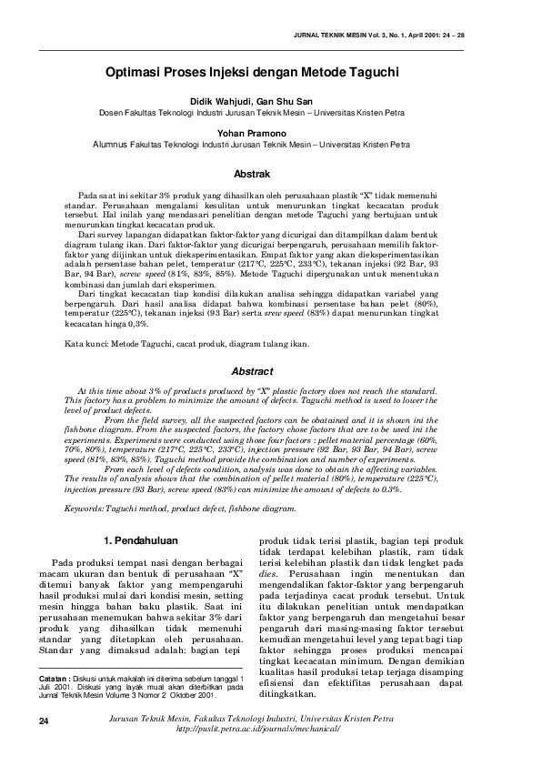 (PDF) Optimasi Proses Injeksi dengan Metode Taguchi
