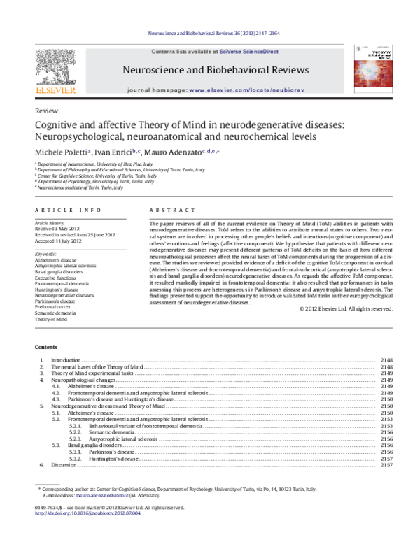 (PDF) Cognitive and affective Theory of Mind in neurodegenerative ...