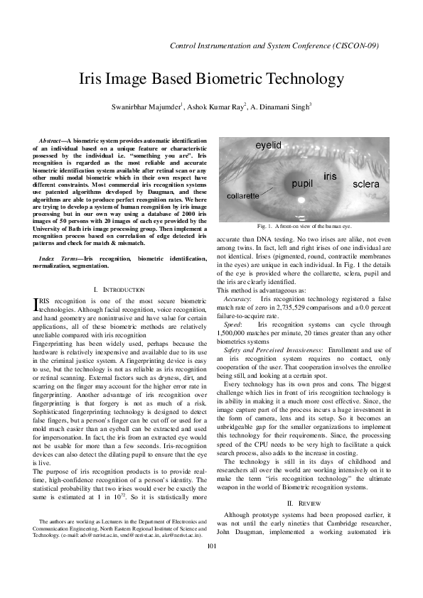 Pdf 2009 Iris Image Based Biometric Technology